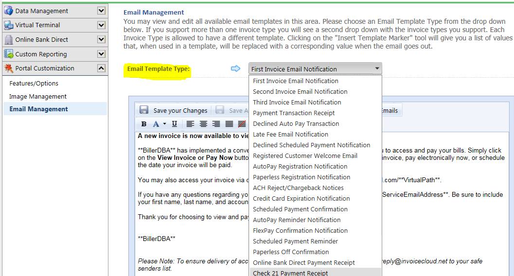 Editing the Email Notifications to Payers - Invoice Cloud